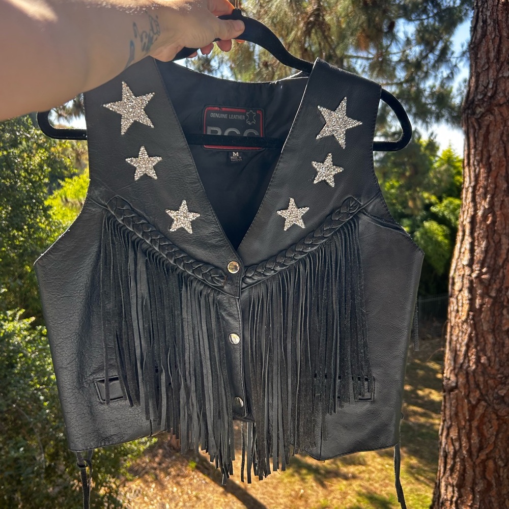 Vintage Fringe Star Leather Upcycled Star Vest Size M… - Gem